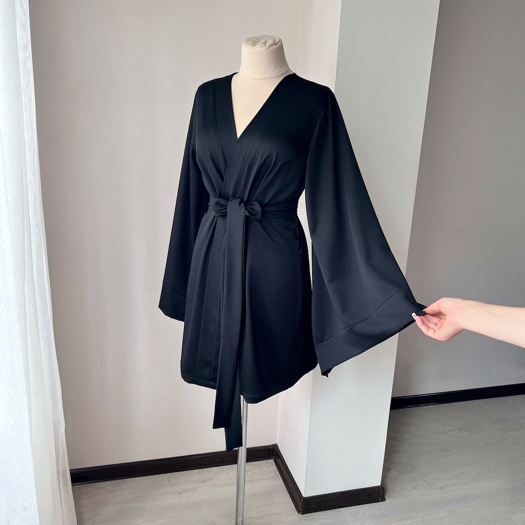 Black Robe, Kimono Robe With Wide Sleeves, Boudoir Robe, Black Satin ...