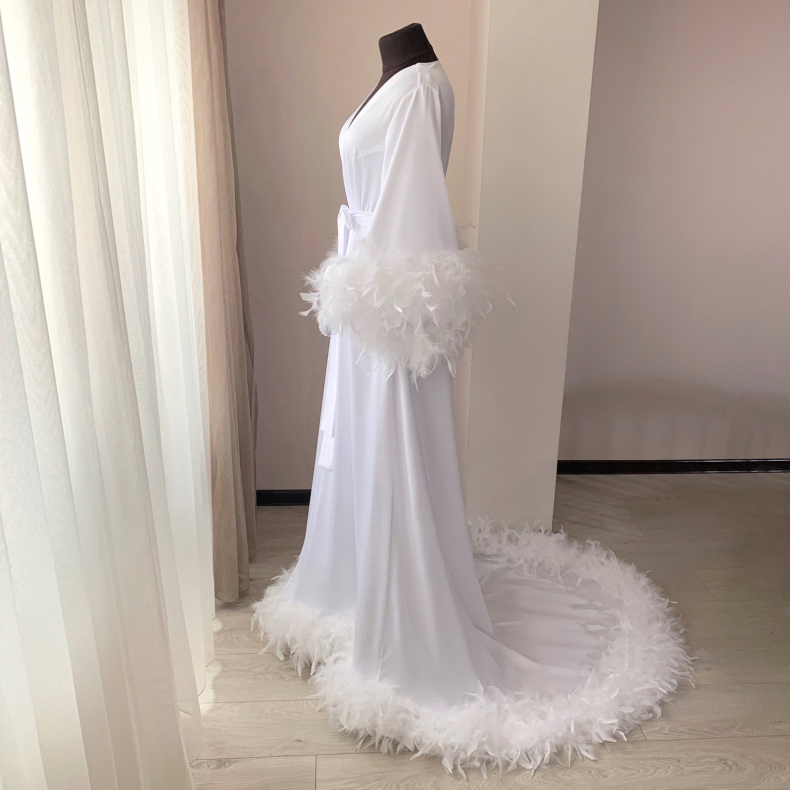 Feather Robe Long Robe With Feathers Bridal Robe With Train - Etsy