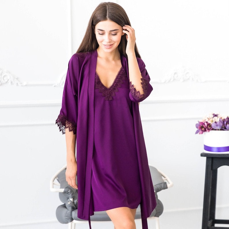 Nightgown Women Purple Peignoir Set Bridal Nightgown Sexy Etsy