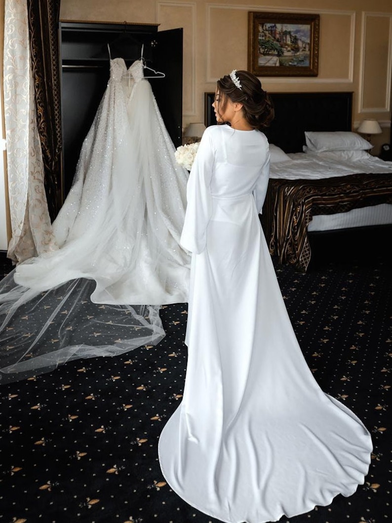 Long Bridal Robe With Train Wedding Kimono Robe White Bridal - Etsy