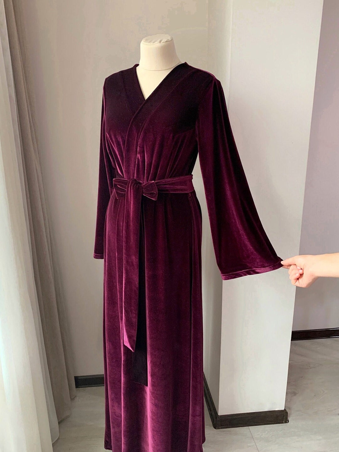 Velvet Long Robe, Burgundy Robe, Long Bridal Robe, Velour Long Robe ...