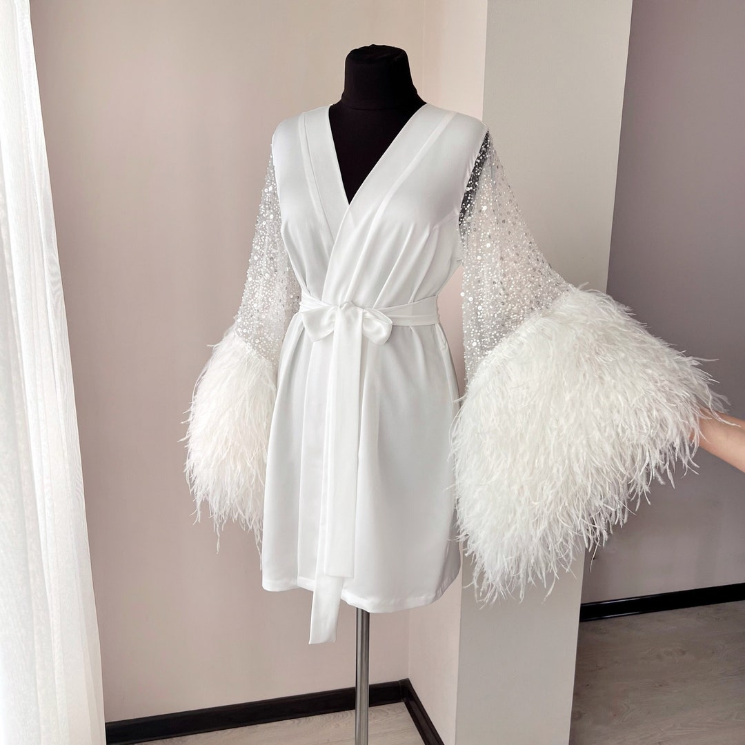 Luxury Bridal Robe, Feather Robe, Bride Robe Silk, Wedding Day, Boudoir ...