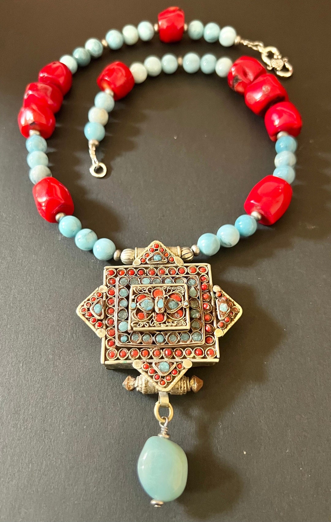 Tibetan Ghau Gau With Blue Larimar Gemstone and Red Coral Vintage ...