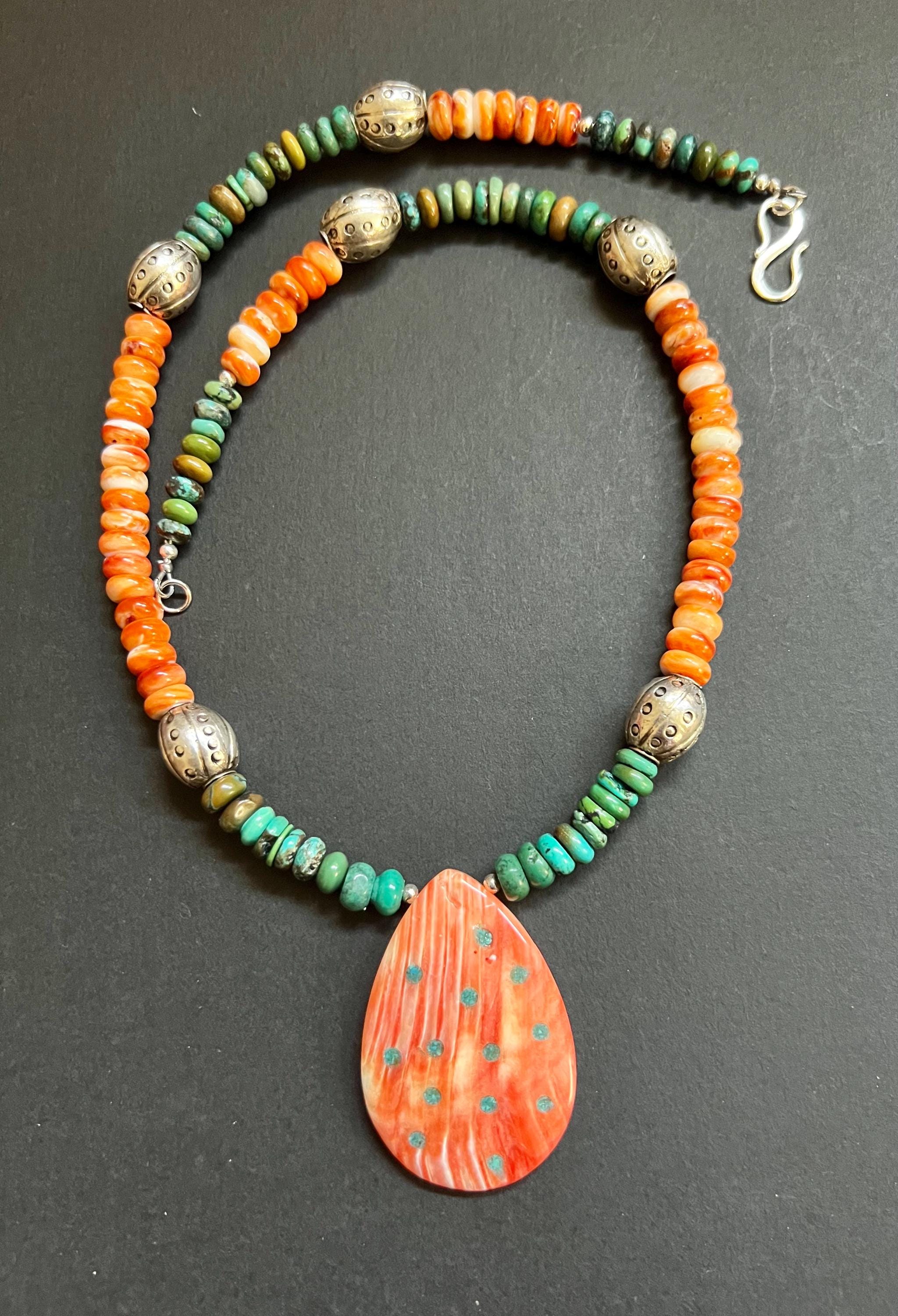 Orange Spiny Oyster & Turquoise Genuine Gemstone Rondelles With 925 ...