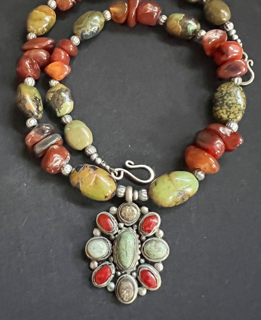 Nepalese Tibetan Green Turquoise & Carnelian Pendant With Vintage Green ...
