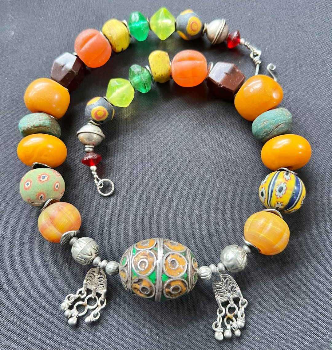 Vintage Berber Tagmout Necklace: African Trade Beads, Hamesh Charms - Etsy