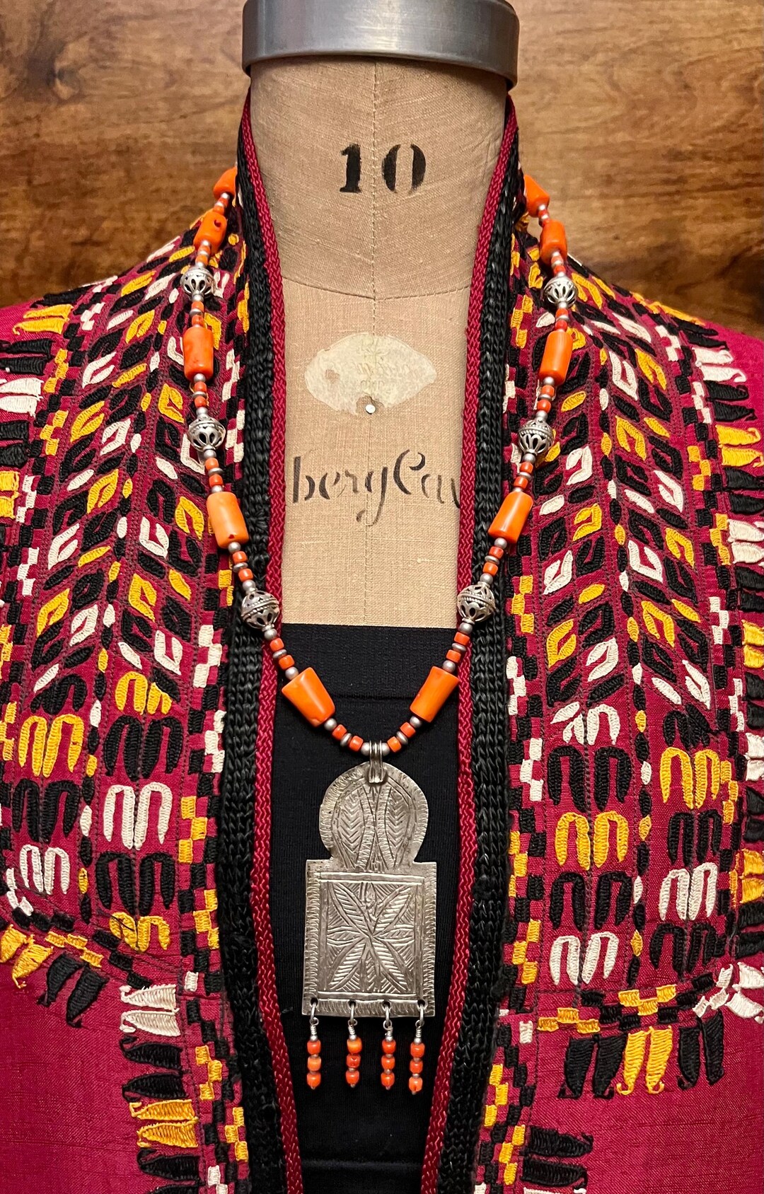 Moroccan Talisman Necklace: Berber Silver, Orange Coral, Ethnic Pendant ...