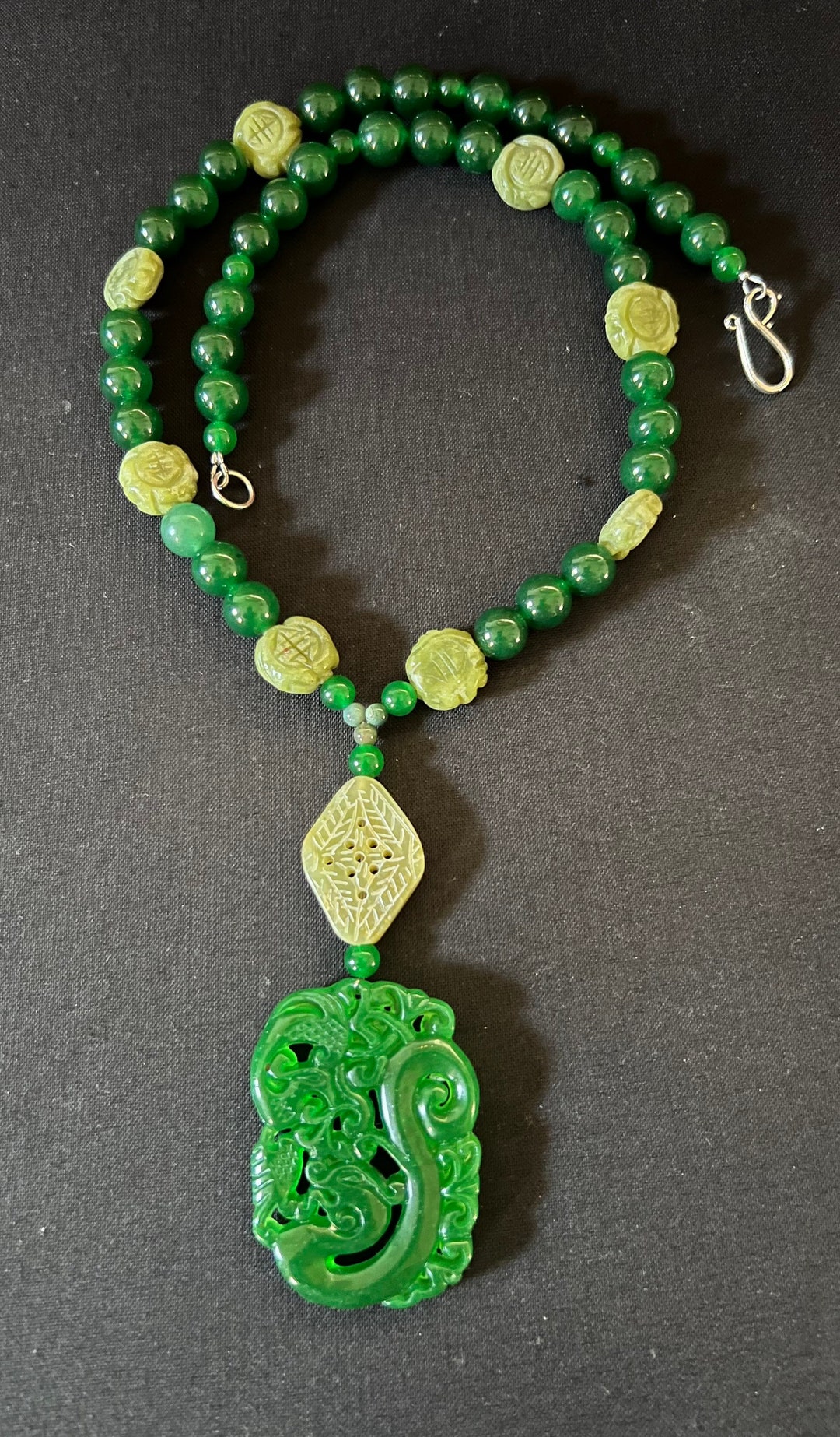 Carved Medallion Green Jade Pendant With Carved Jade & Carved Jade ...