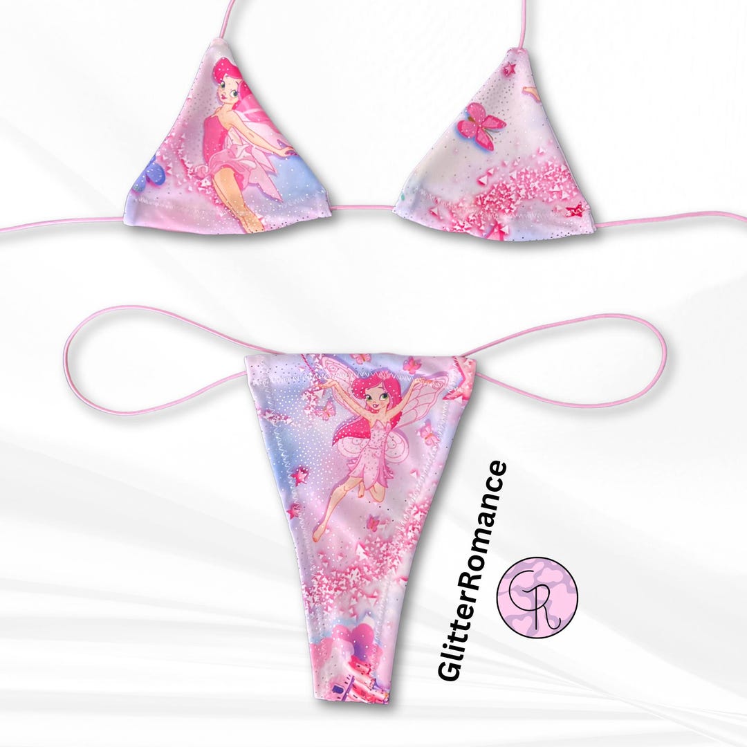 Fairy Print Extreme Micro Bikini, Tiny String Thong Microkini, Sexy Whimsical Cosplay Lingerie ...
