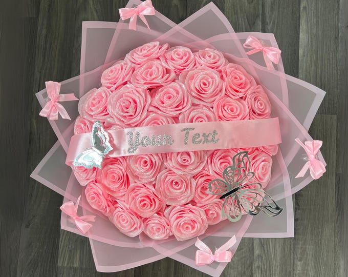Pink Glitter Roses Bouquet – Handmade Satin Ribbon Eternal Roses, Happy ...