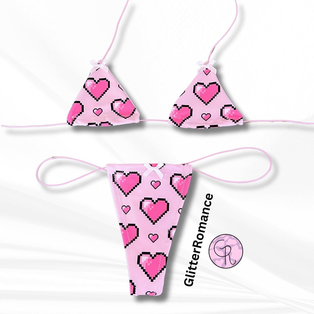 Pink Hearts Extreme Micro Bikini, Tiny String Thong Microkini, Sexy Love Heart Cosplay Lingerie ...