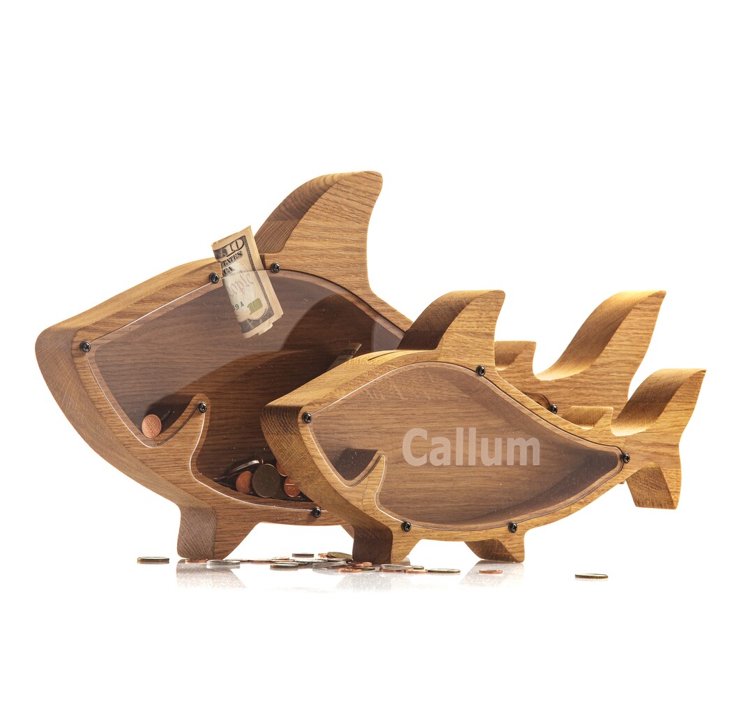 Wooden Piggy Bank SHARK Personalized Baby Christmas Gift Fish Coin Bank ...