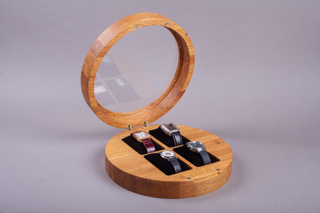 Personalized Round Oak Wood Watch Box: Modern Jewelry Organizer ...