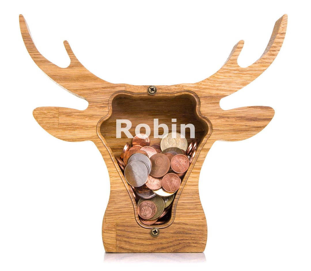 Deer Piggy Bank: Personalized Wooden Money Box, Gift for Kids, Adults ...