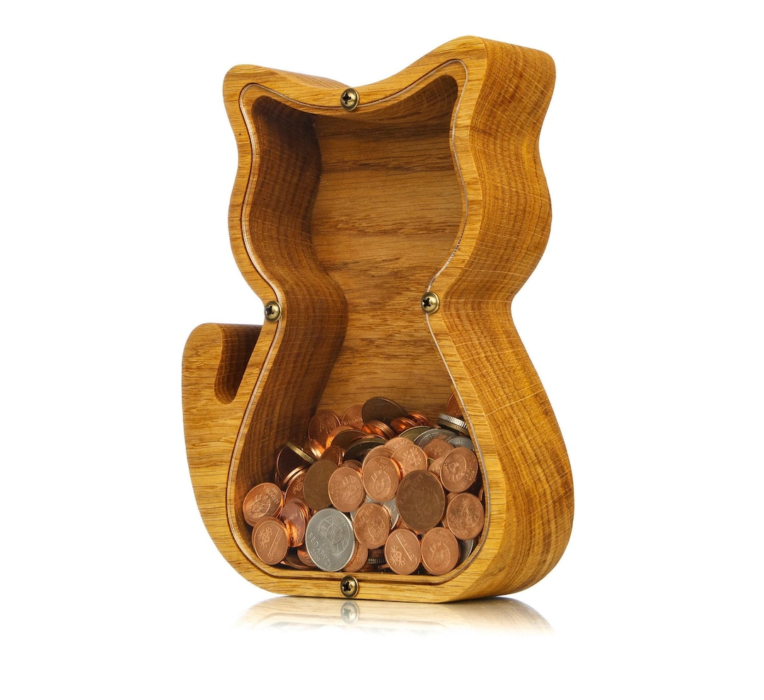 Personalized Oak Wood Cat Piggy Bank: Kitten Coin Bank, Kids Money Box ...