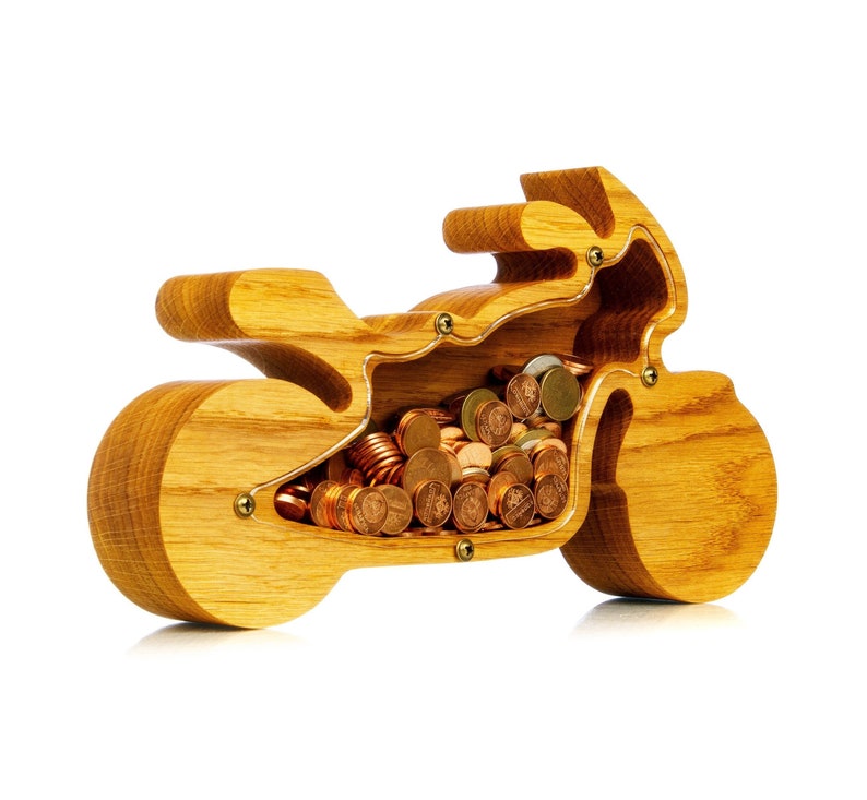 Wooden Motorcycle Piggy Bank: Personalized Oak Wood Montessori Toy ...