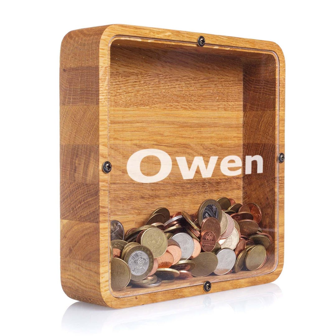 Personalized Oak Wood Square Piggy Bank: Clear Glass Coin Bank ...