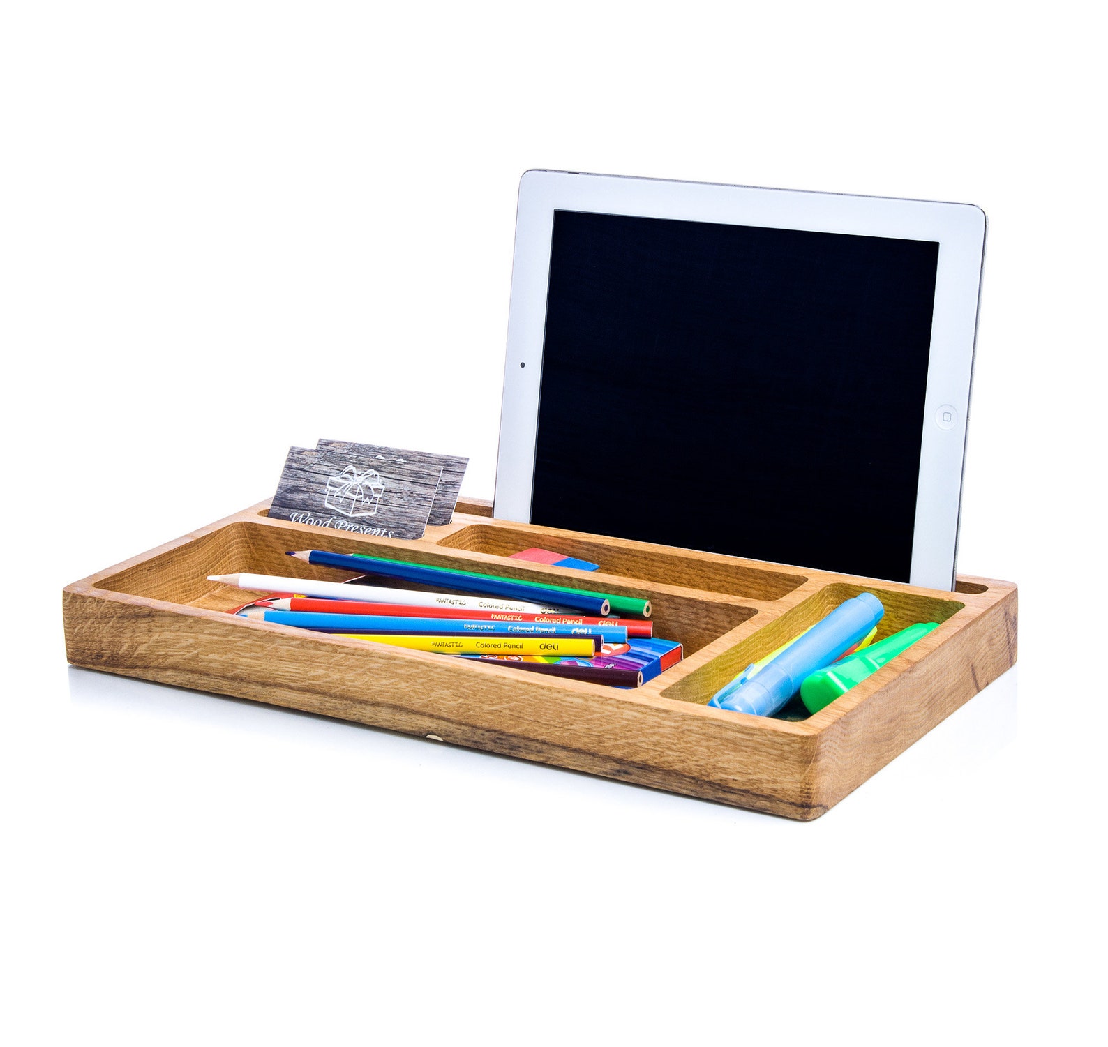 Oak Wood Desk Organizer: Cell Phone & iPad Stand, Pencil Holder, Home ...