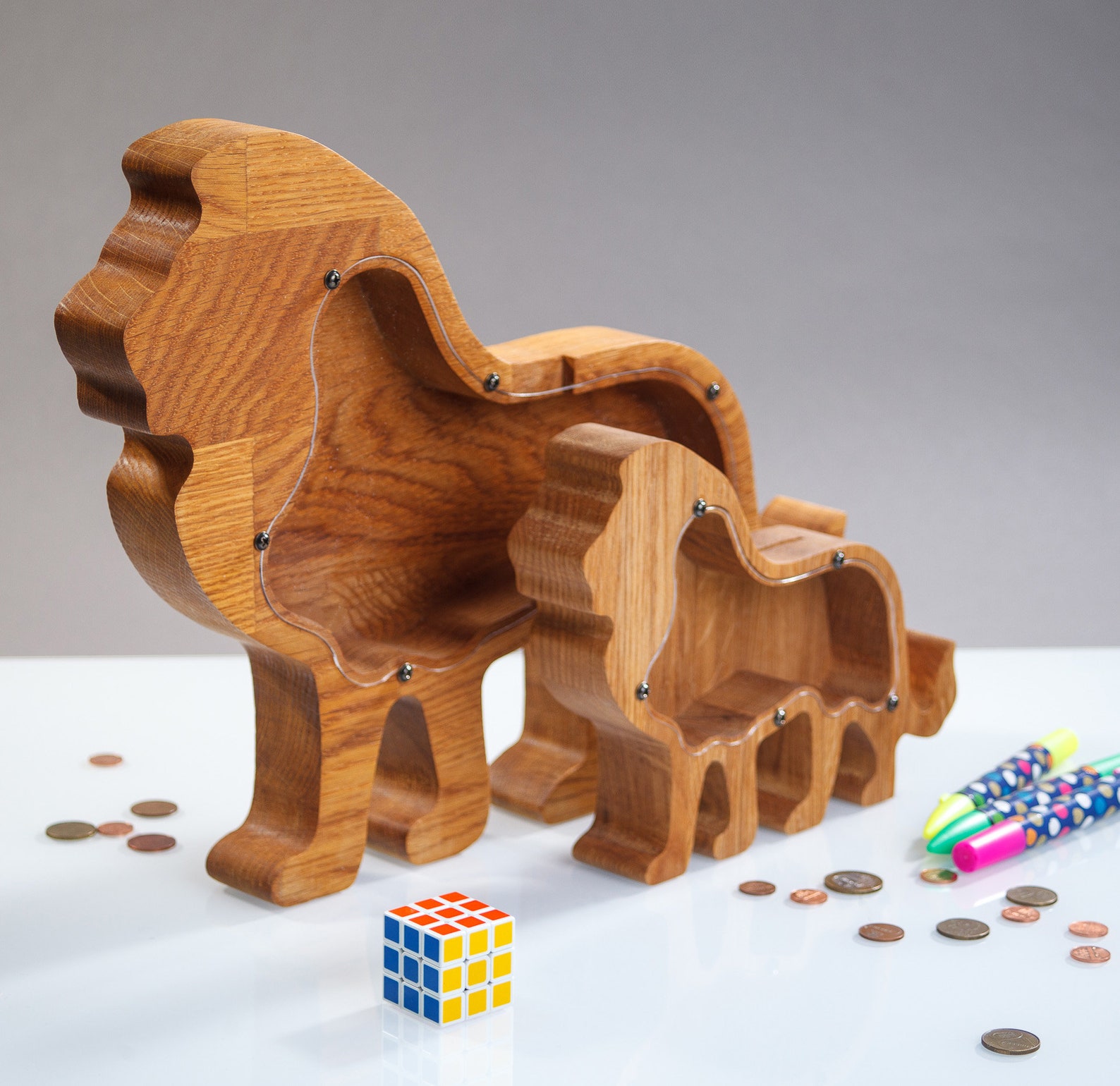 Lion Piggy Bank: Oak Wood Coin Box for Kids, Personalized Safari King ...