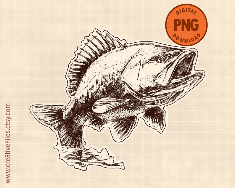 Hand Drawn Fish PNG Design, Vintage Distressed Drawing, Bass Fishing ...