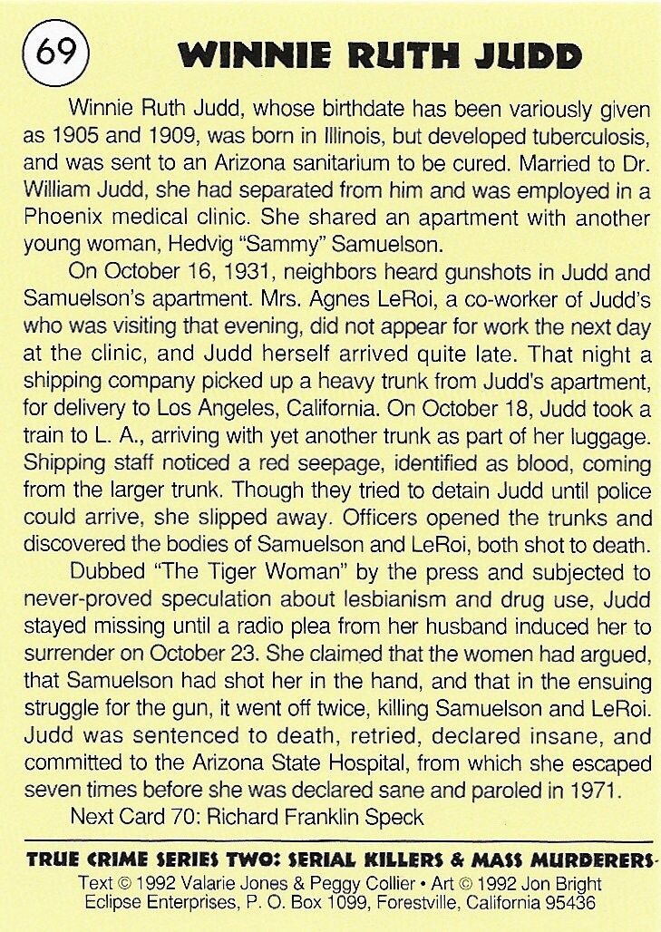 Winnie Ruth Judd Serial Killer Trading Cards of My Favorite Murder Fame ...