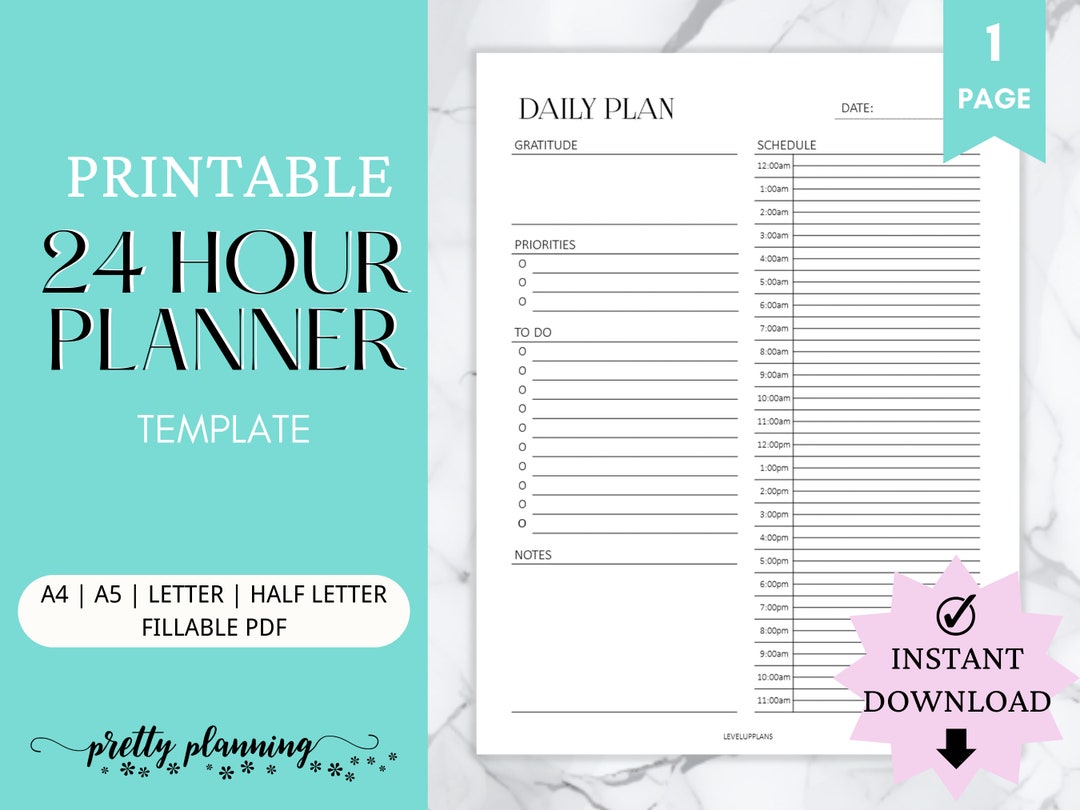 24 Hour Daily Planner Printable | Daily Schedule | Daily to Do List ...