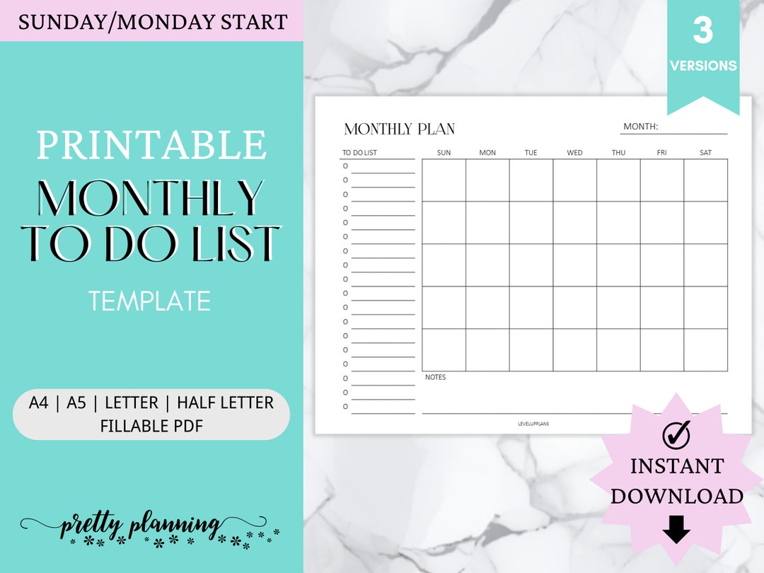 Monthly to Do List Printable Planner | Productivity Monthly Planner ...
