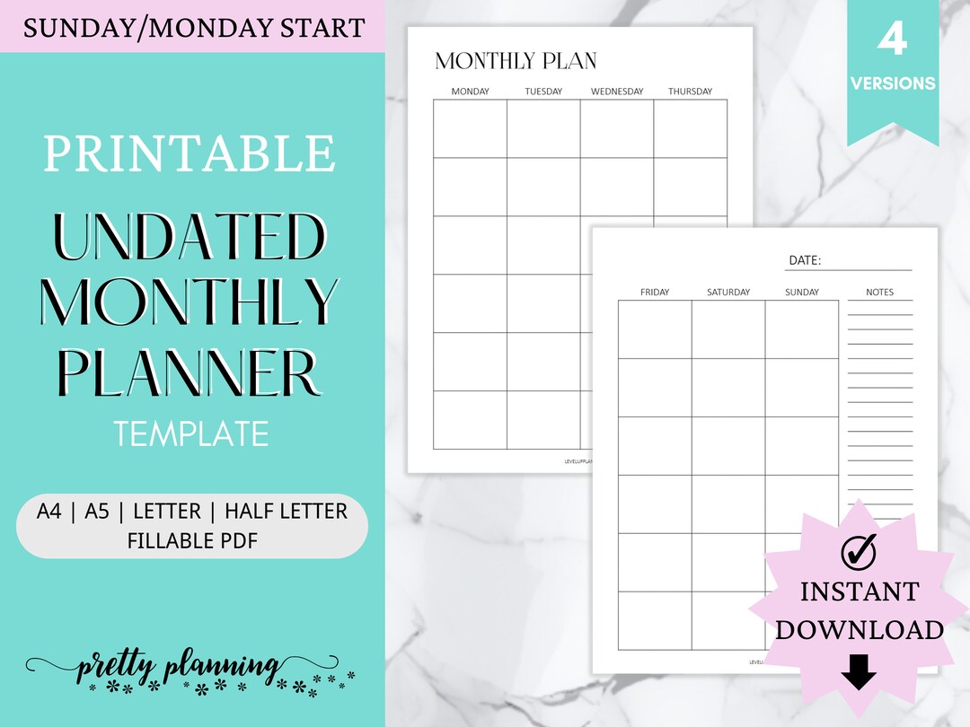 Undated Monthly Planner Printable | Month at a Glance | Month on Two ...