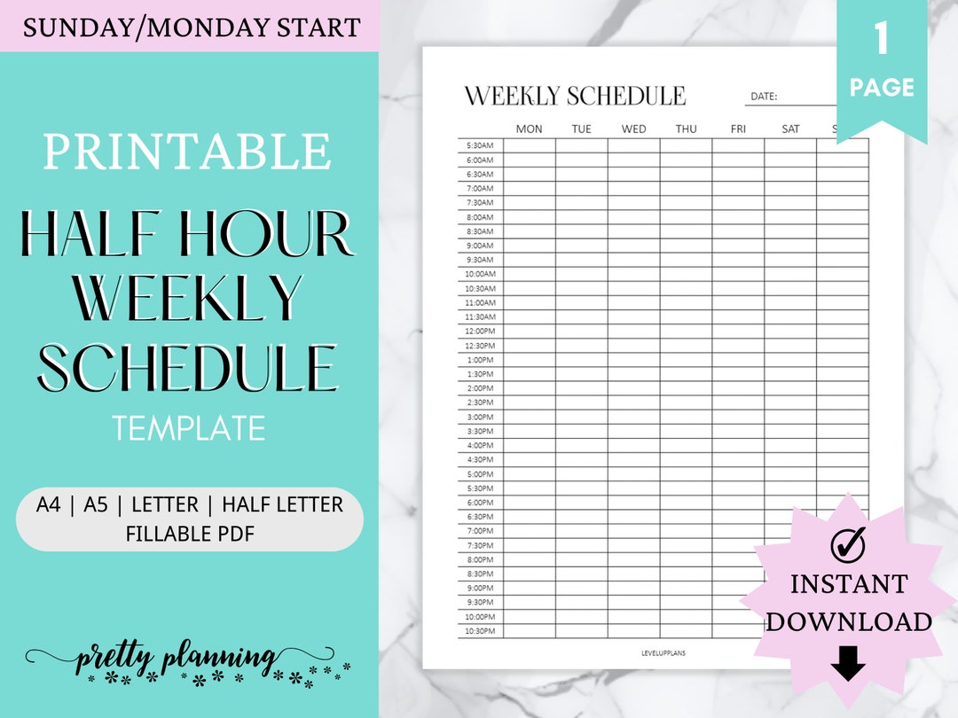 Half Hour Weekly Schedule | Weekly Planner Printable | Weekly Agenda ...