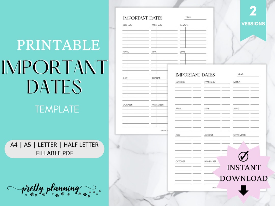 Yearly Important Dates Printable | Birthday Tracker | Event Tracker ...