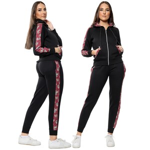 Women Fleece Floral Side Panel Jogging Tracksuit Long Sleeve Zip up ...