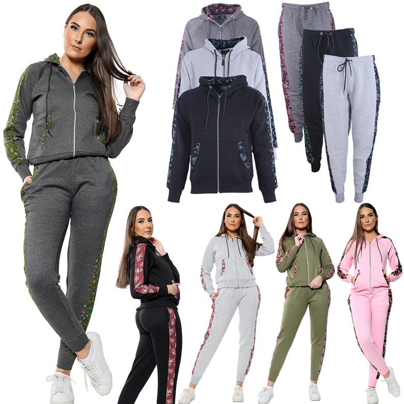 Women Fleece Floral Side Panel Jogging Tracksuit Long Sleeve Zip up ...
