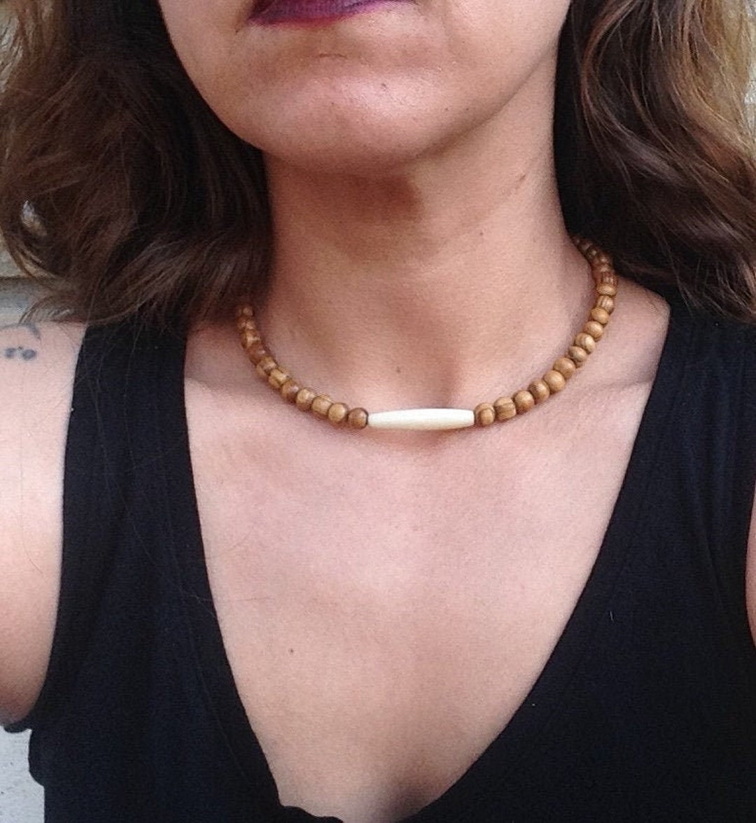 Earthy Wood Bead Choker Necklace, Bone Accent, Rustic Hippie Jewelry - Etsy