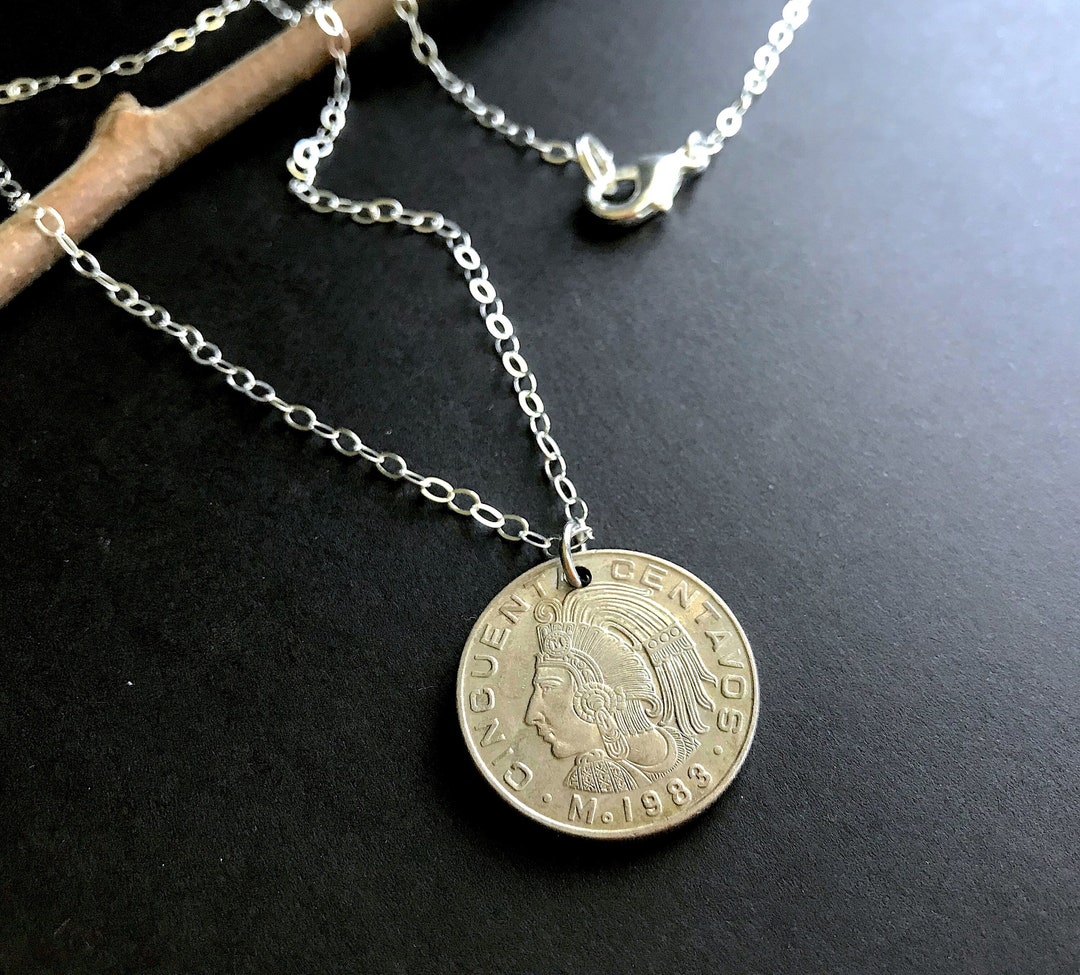 Vintage Mexican Coin Necklace With Sterling Silver Chain, Cuauhtemoc ...