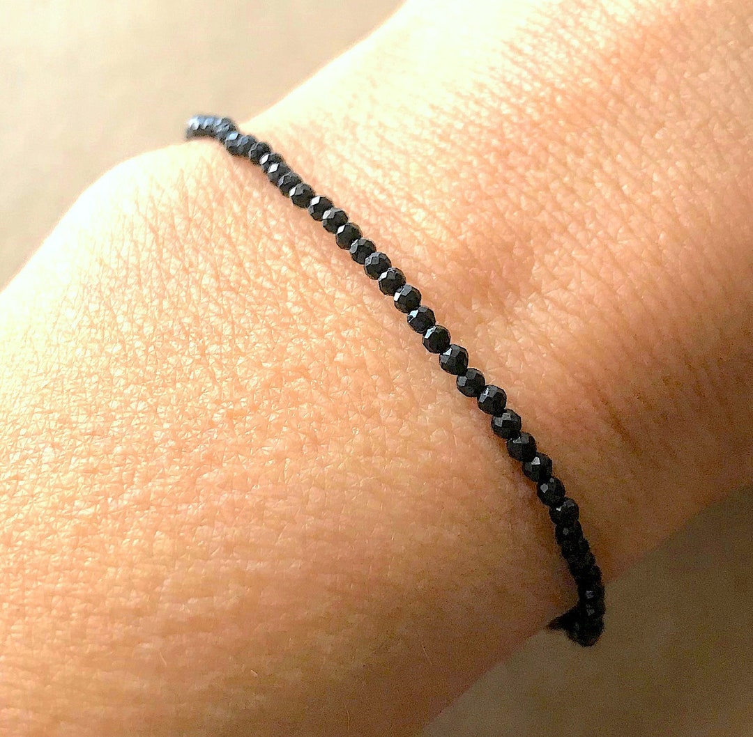 Black Spinel Stretch Bracelet, Very Small and Dainty, Simple Shiny ...