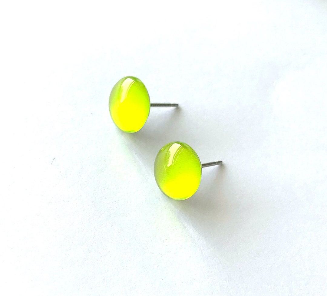 Neon Yellow Stud Earrings, Small Round Glass Studs for Women or Men ...
