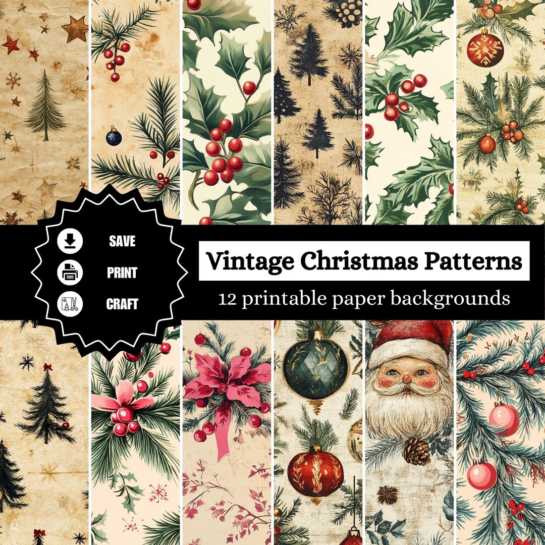 Vintage Christmas Patterns Digital Scrapbook Paper Backgrounds for ...