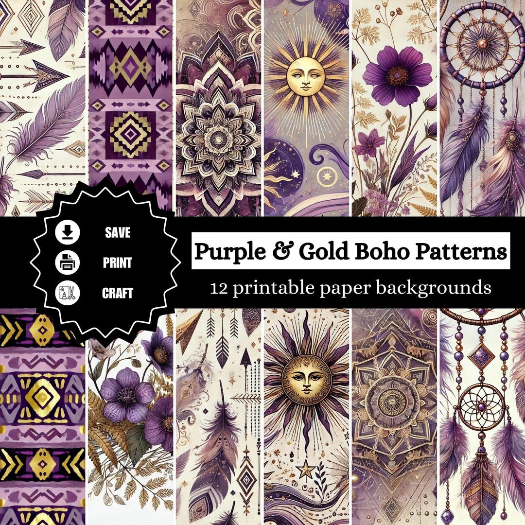 Purple and Gold Boho Digital Paper Pack, 12x12 Scrapbook & Craft ...