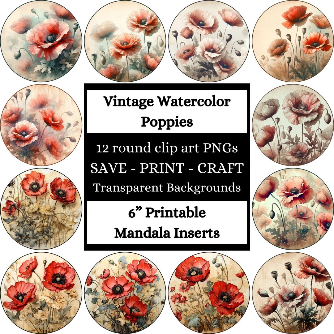 Vintage Watercolor Poppies Printable Mandala Inserts, 12 Transparent 6 ...