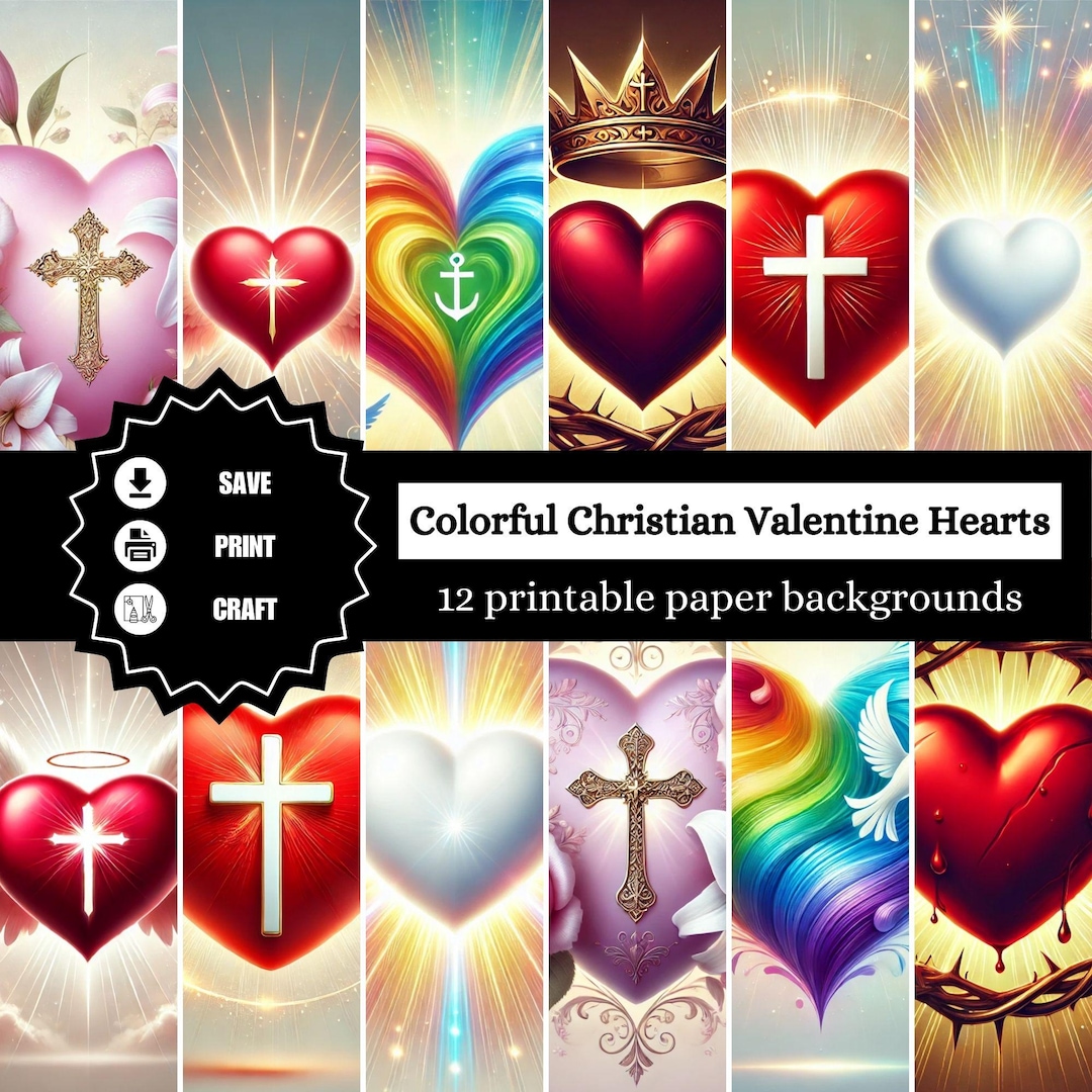 Colorful Christian Valentine Hearts Printable Digital Paper, Religious ...