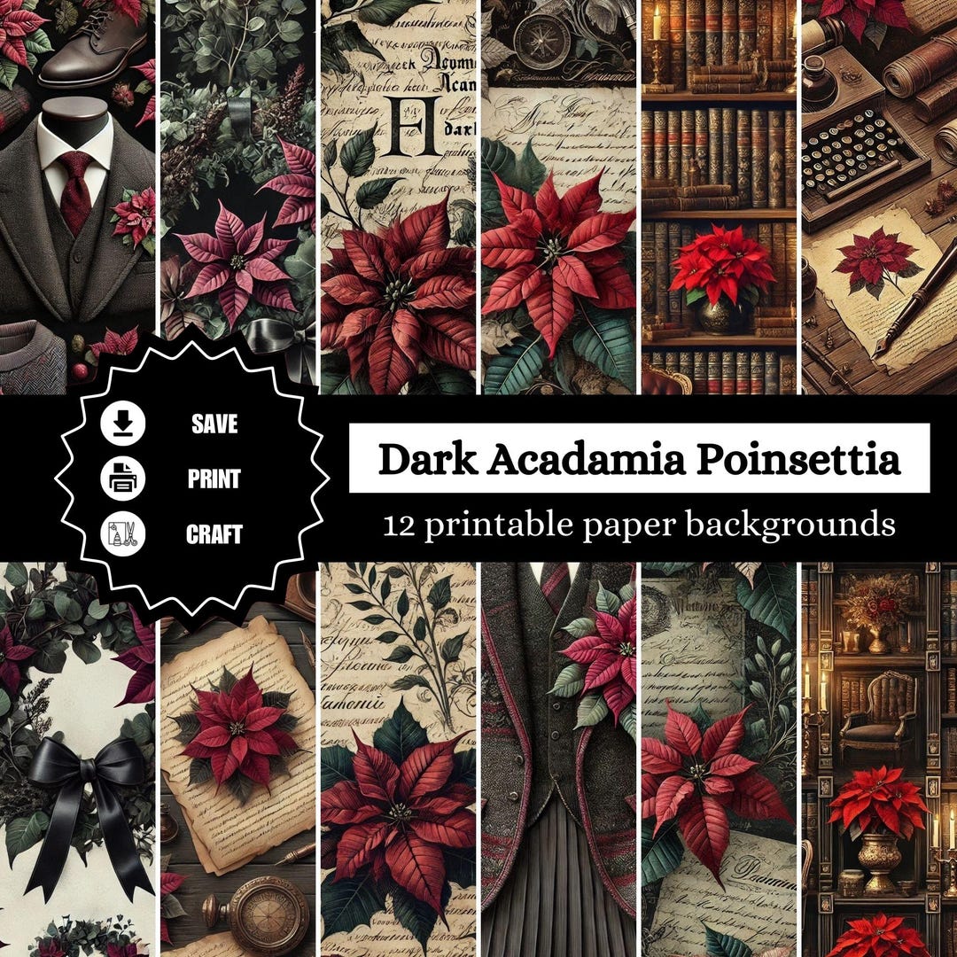 Dark Academia Poinsettia Printable Scrapbook Paper, 12x12 Inch 300 DPI ...