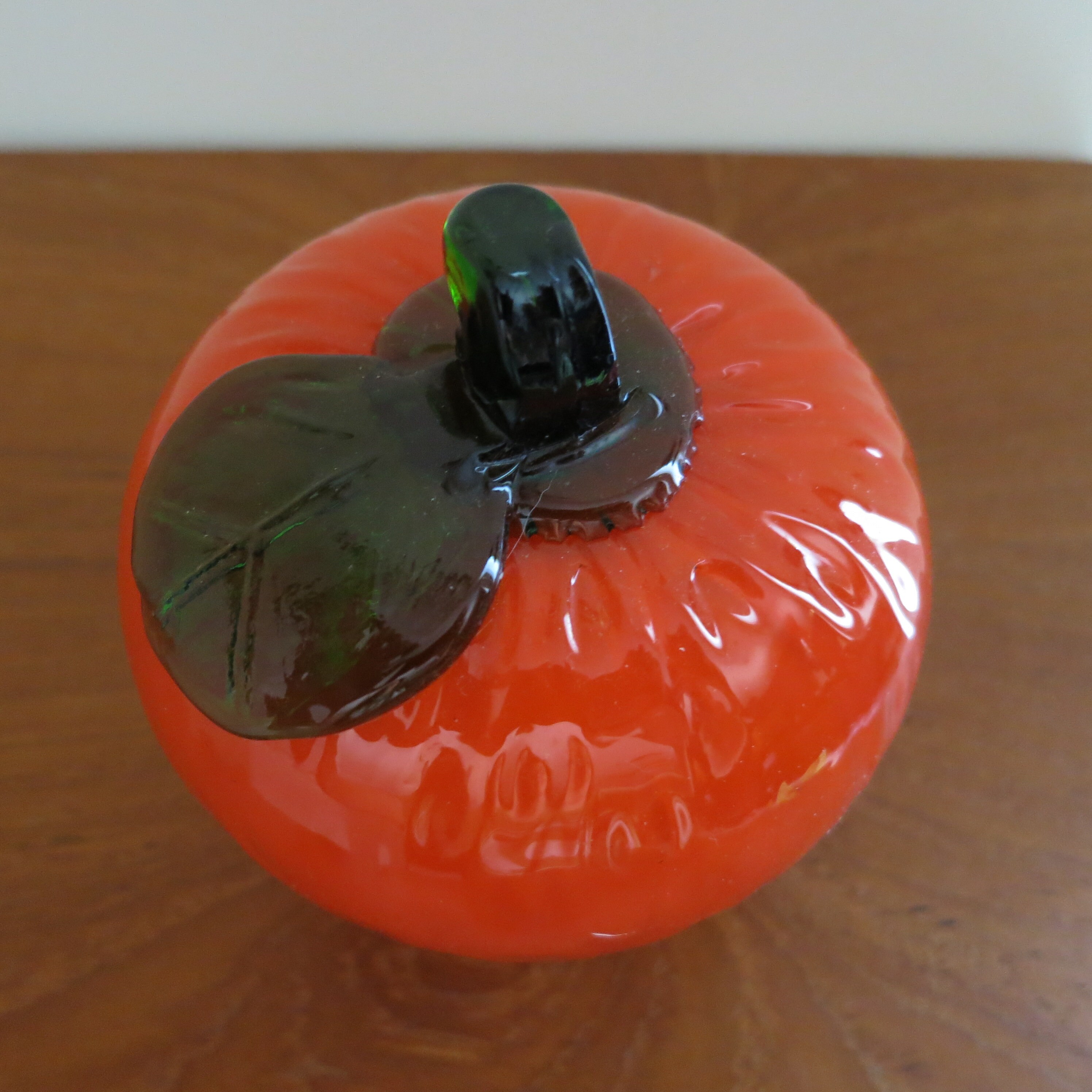 Vintage Murano Blown Glass Dimpled Red Tomato Green Stem - Glass Fruit