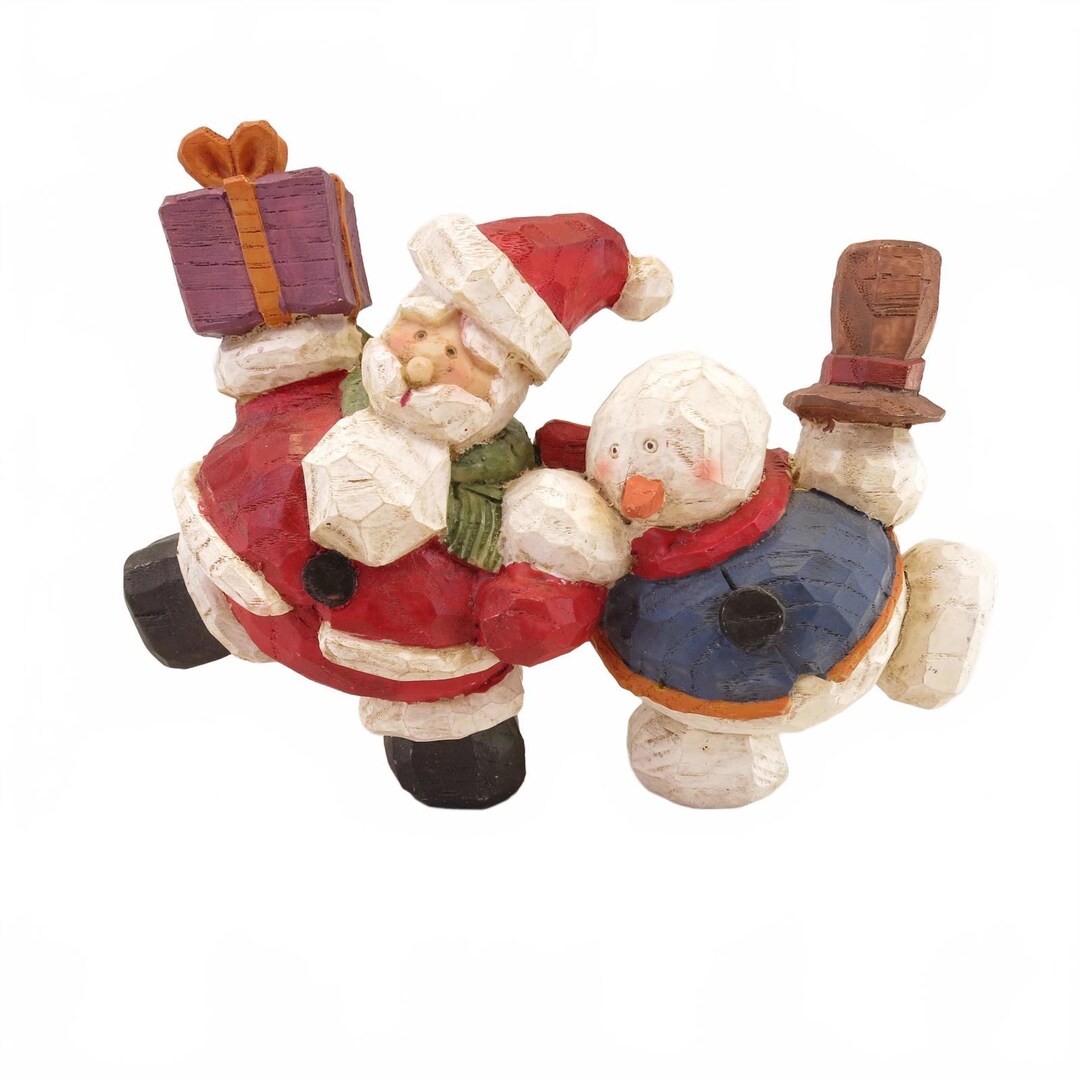 Faux Carved Wood Dancing Santa and Snowman Figurine 5" Tall - Etsy