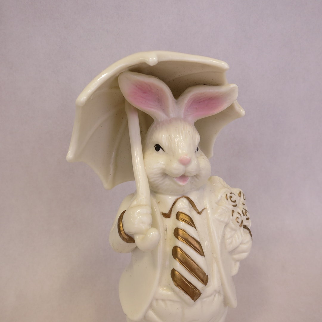 White Bunny With Umbrella Pink Flowers & Golden Accents - Etsy