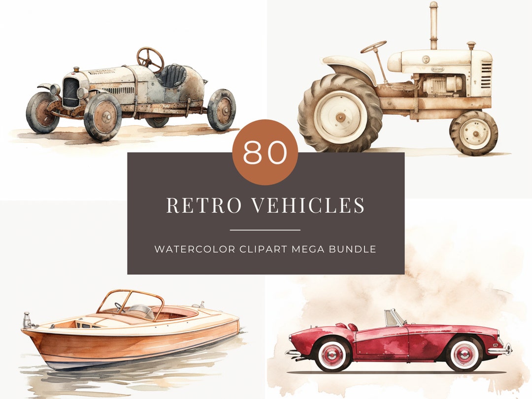 Watercolor Vehicle Clipart Mega Bundle, Transparent PNG, Retro Cars ...