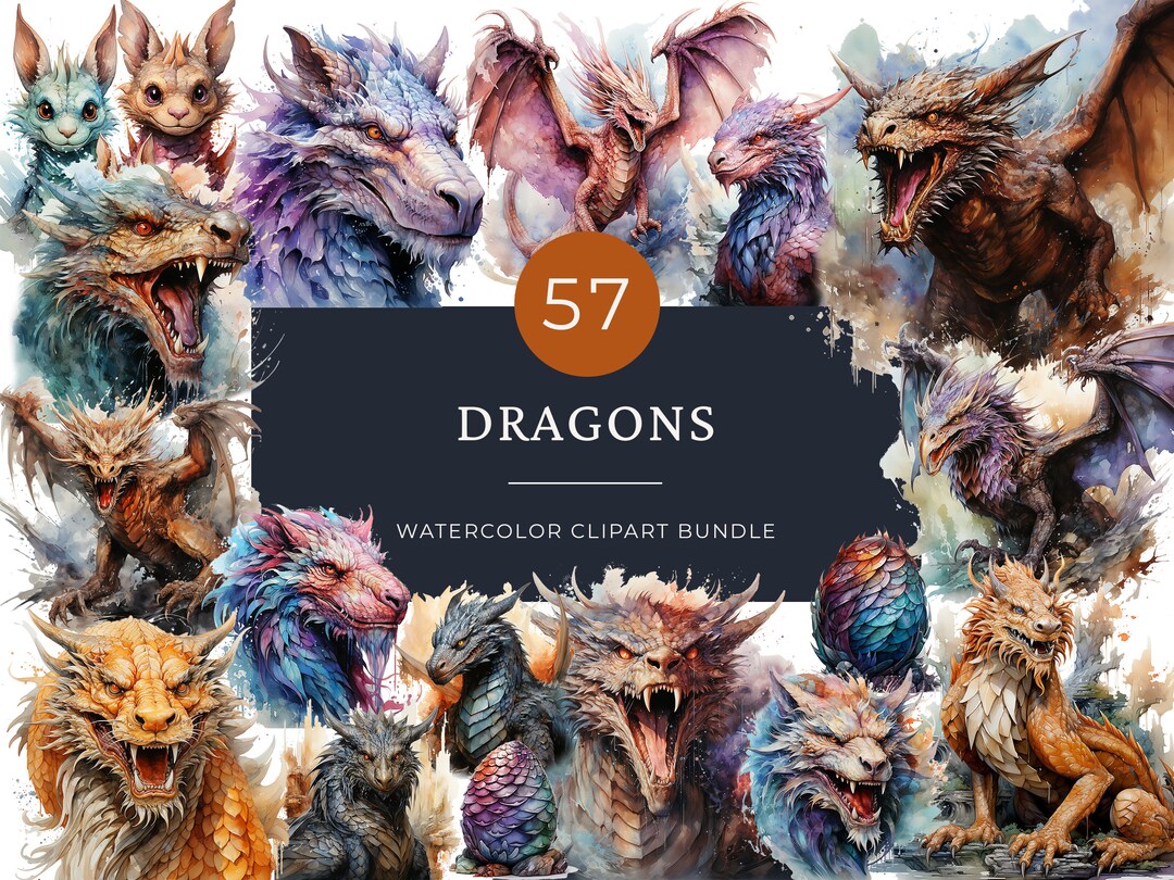 Dragons Watercolor Clipart Bundle - 57 Magical Fairytale Illustrations ...
