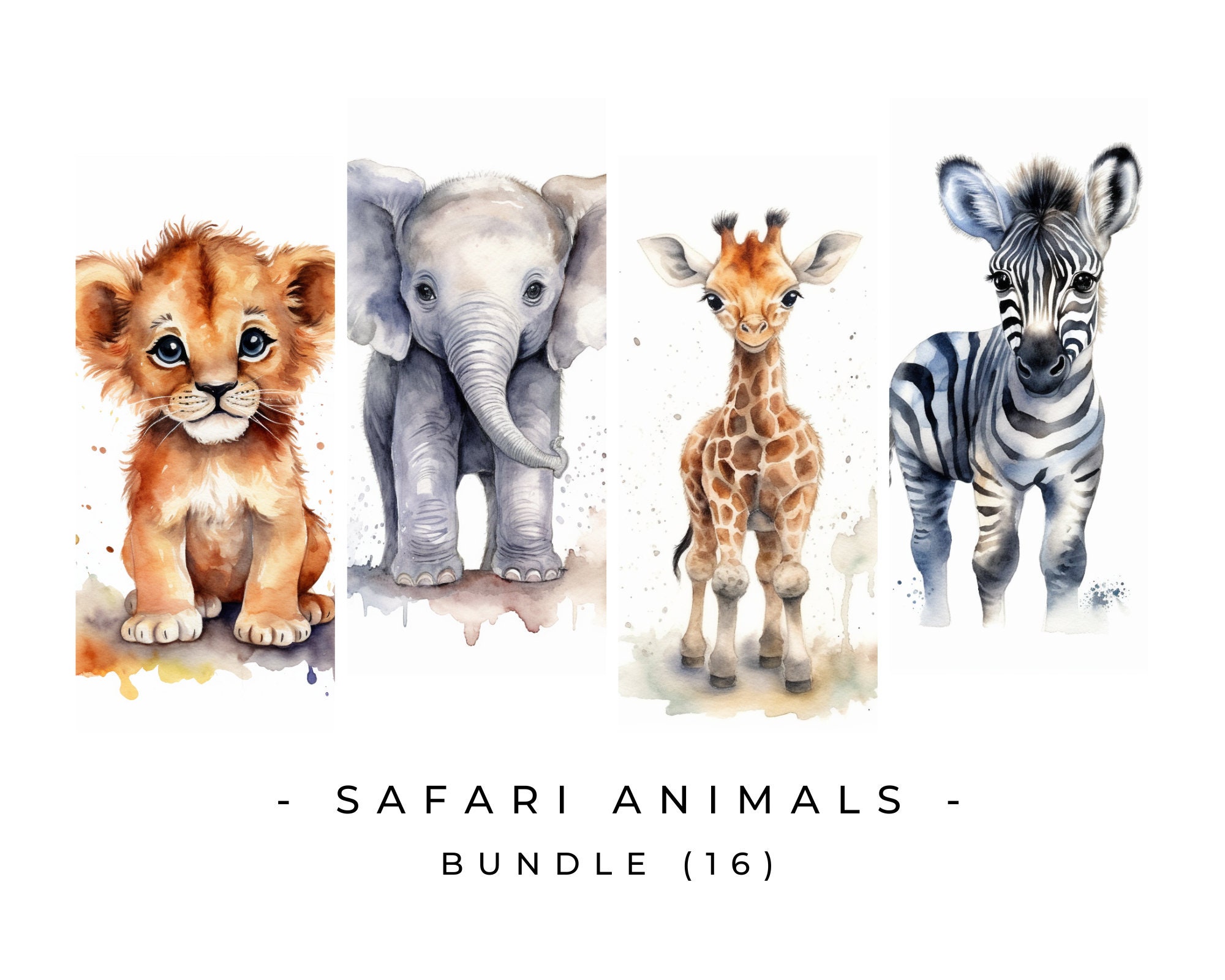 Watercolor Safari Animals Clipart Bundle, Giraffe, Lion, Zebra ...