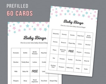60 Baby Bingo Cards Printable Pre-filled Words Baby Shower | Etsy