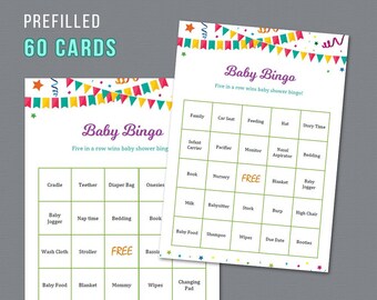 60 Baby Bingo Cards Printable Pre-filled Words Baby Shower | Etsy