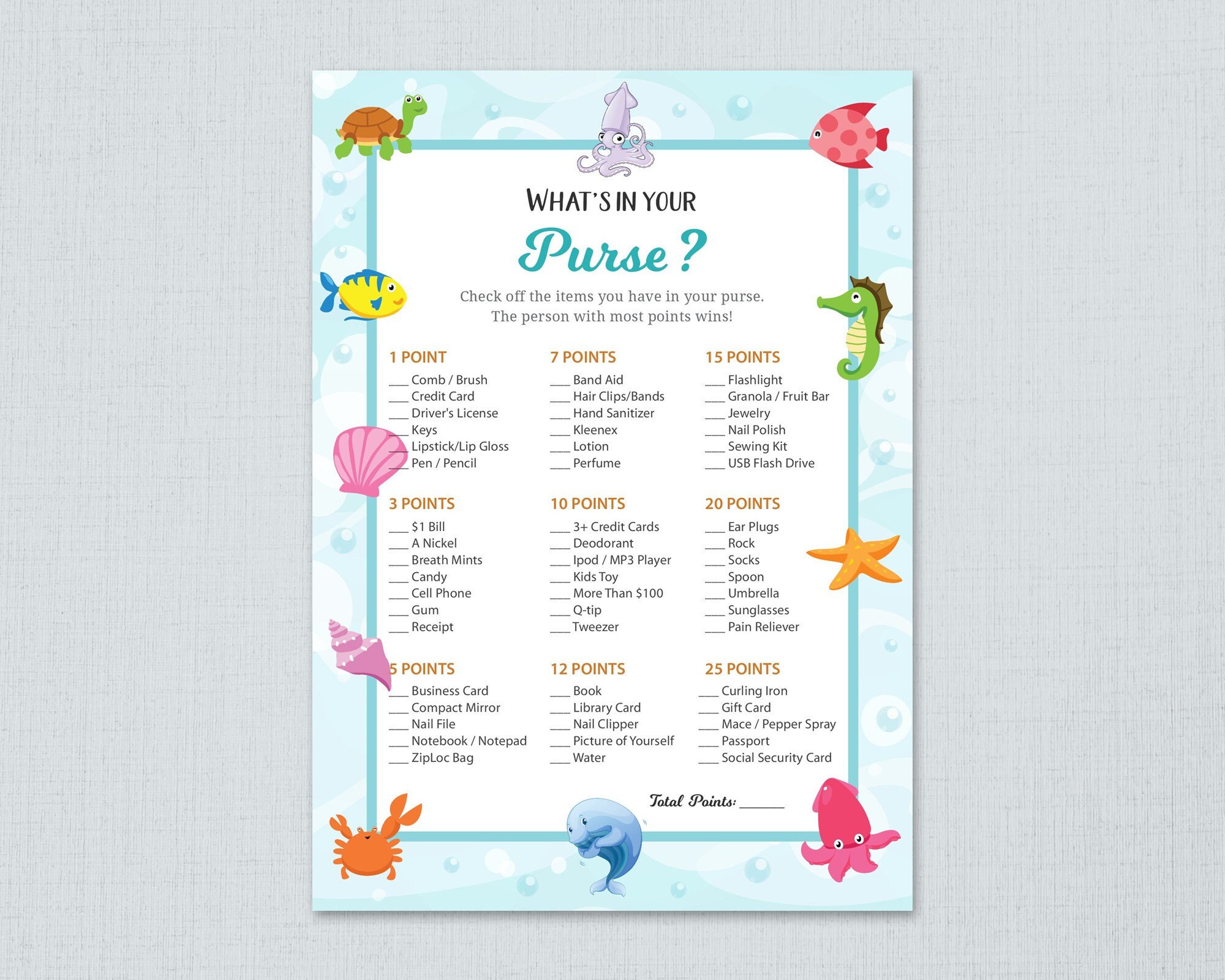 Whats in Your Purse Baby Shower Games Printable Ocean Theme - Etsy